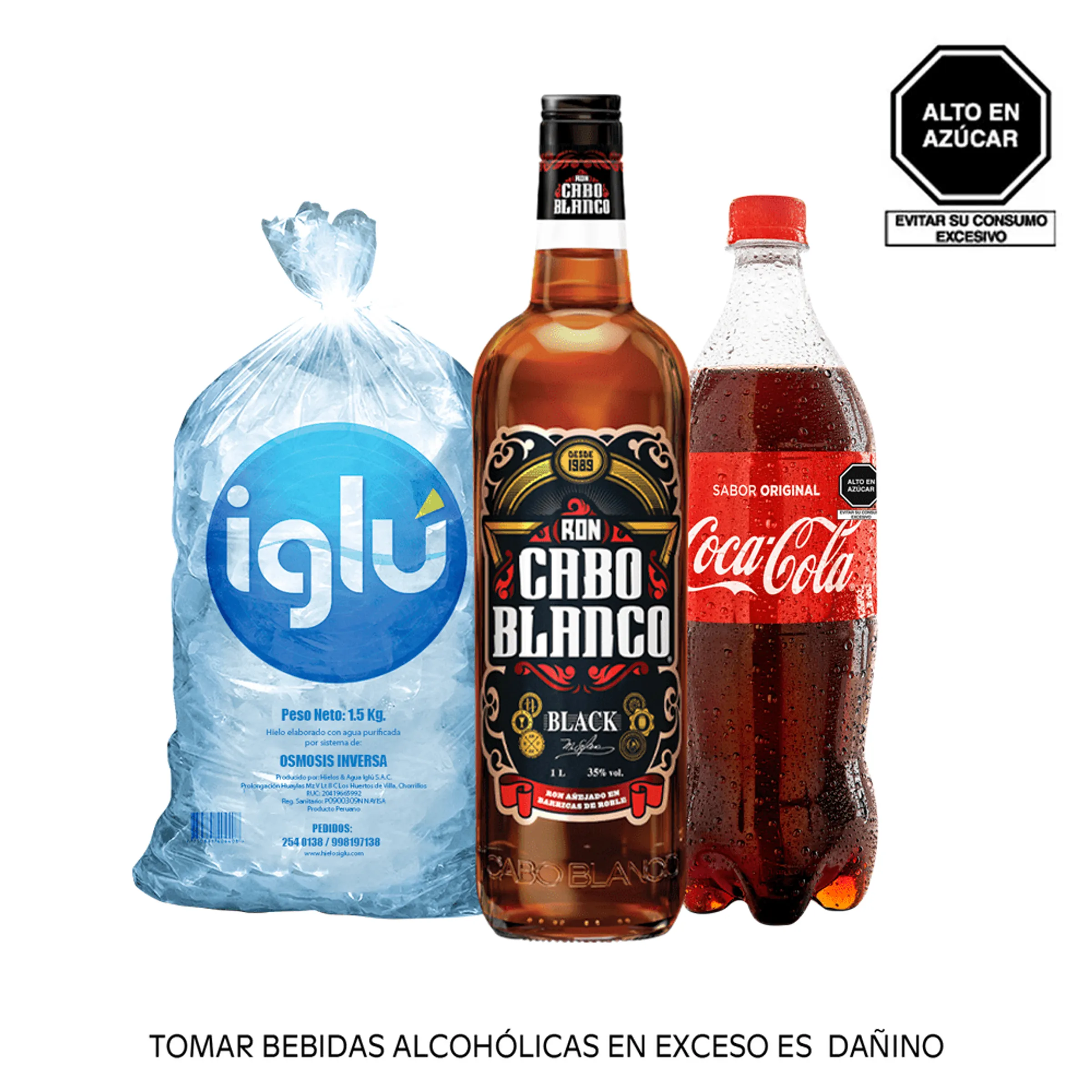 Pack (1 Coca Cola x 1 Lt + 1 Ron Cabo Blanco Black x 1 Lt + 1 Hielo 1.5 ...