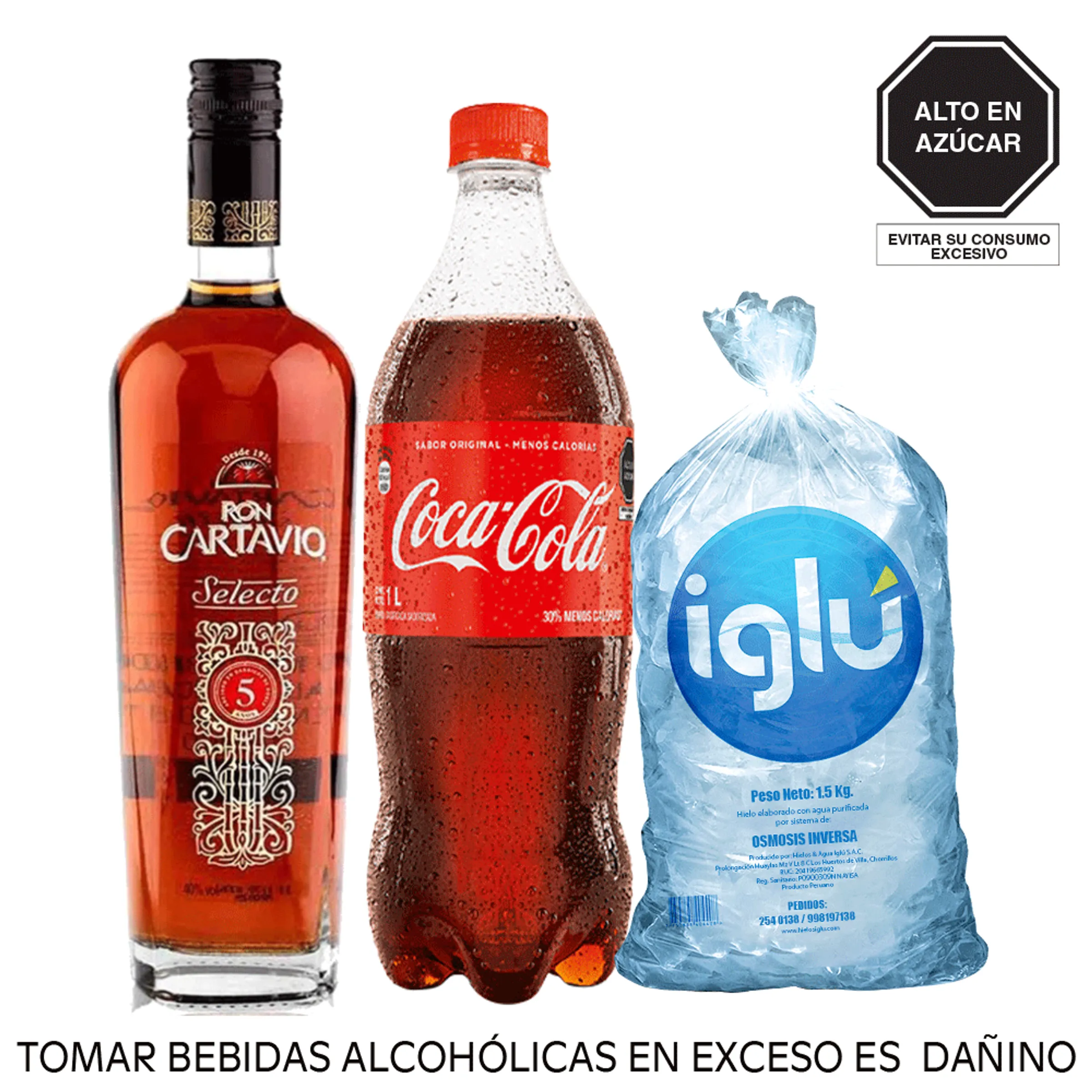 Pack (1 Coca Cola x 1 Lt + 1 Ron Cartavio Selecto 5 Años x 1 Lt + Hielo ...