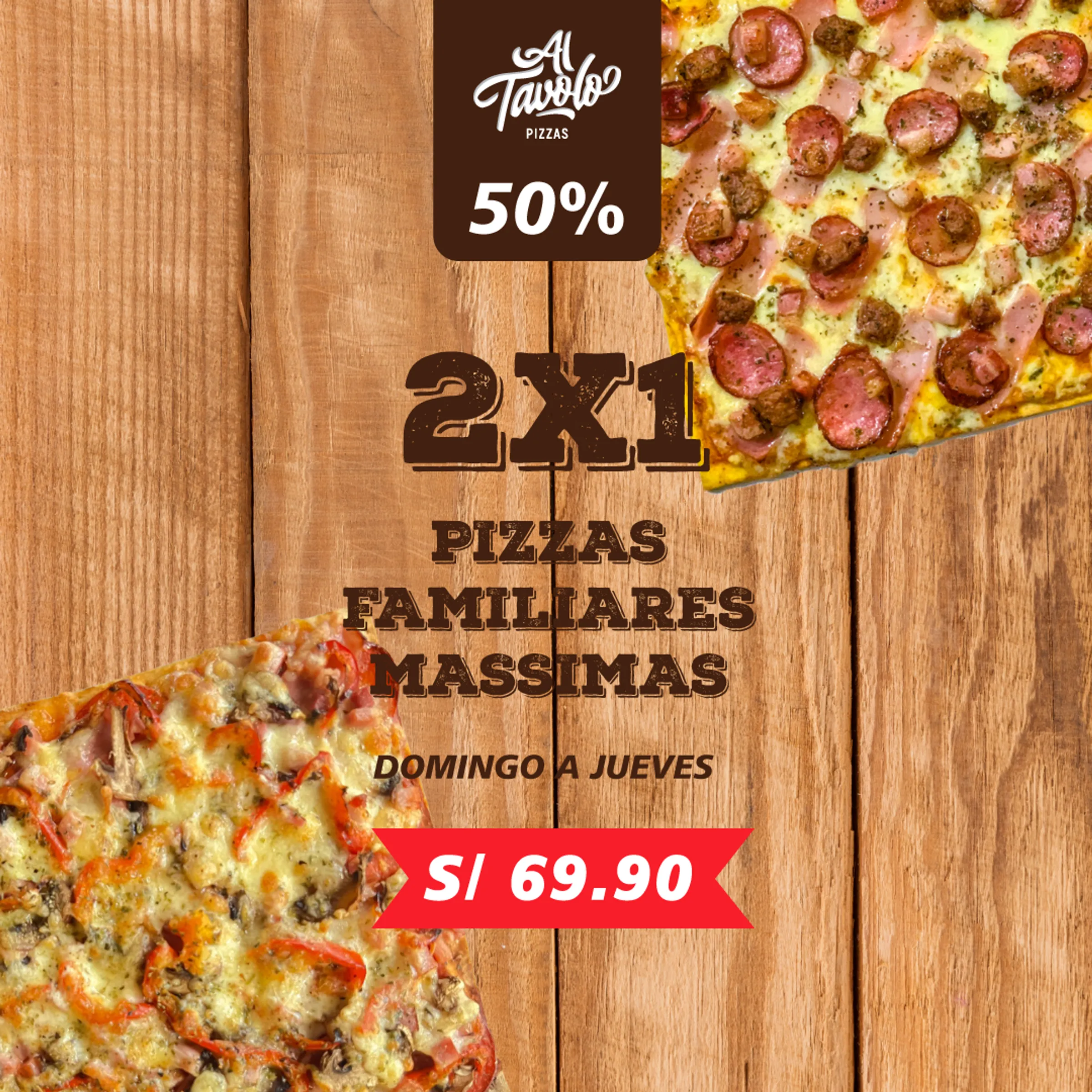 2x1 Pizzas Massimas Familiares - Al Tavolo Pizzas Artesanales Cuadradas