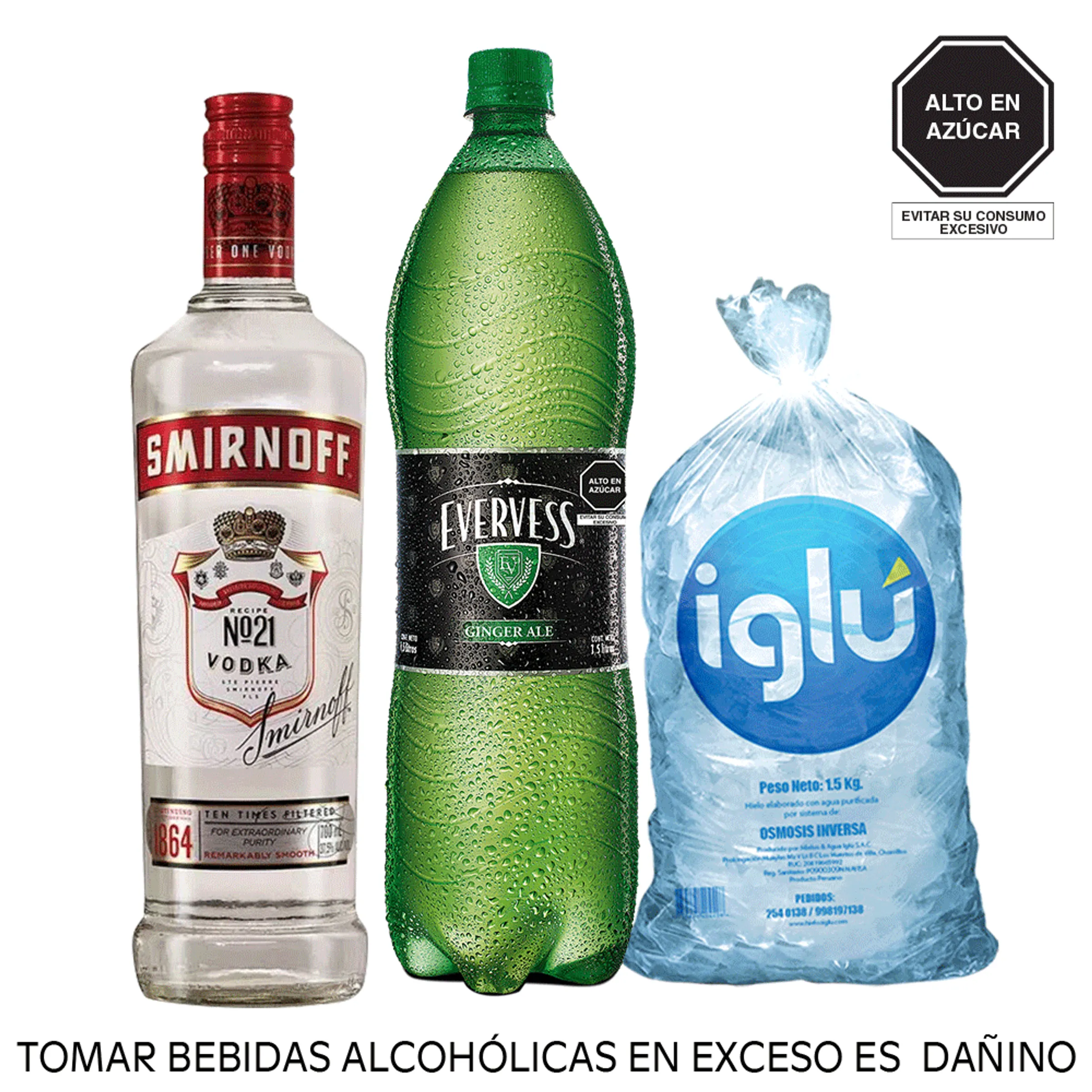Pack (1 Evervess x 1.5 Lt + 1 Vodka Smirnoff Red x 700 Ml + 1 Hielo 1.5 ...