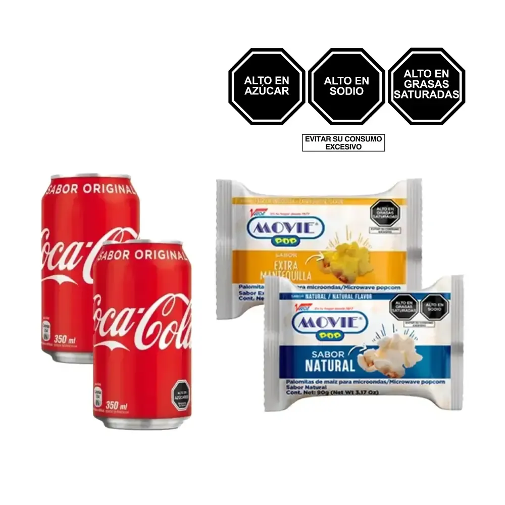 Pack (1 Pop Corn Movie Pop Extra Mantequilla 90 gr + 1 Pop Corn Movie Pop Natural 90 gr + 2 Coca ...