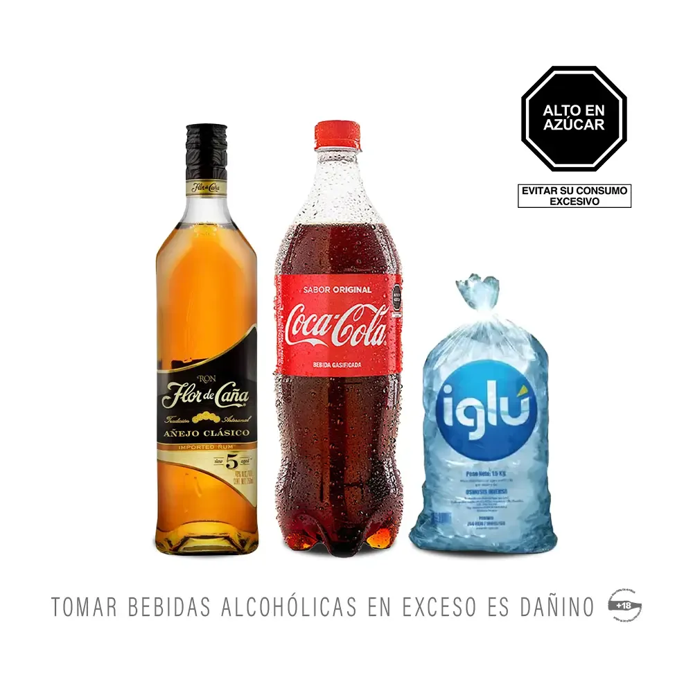 Pack (1 Ron Flor de Caña Oro 5 Años 750 ml + 1 Gaseosa Coca Cola 1 L ...