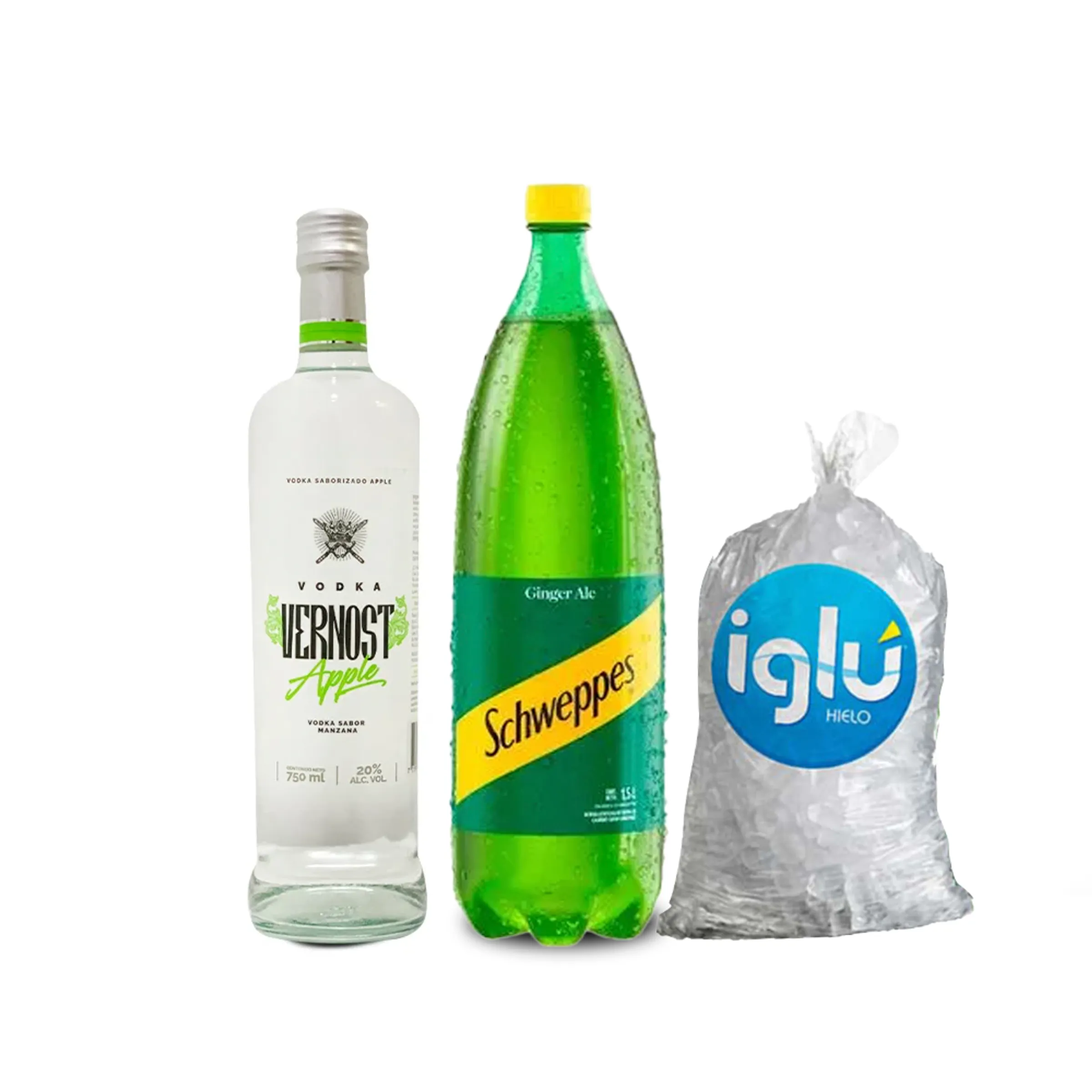 Pack (1 Vodka Vernost Apple 750ml + 1 Schweppes 1.5lt + 1 Hielo ...
