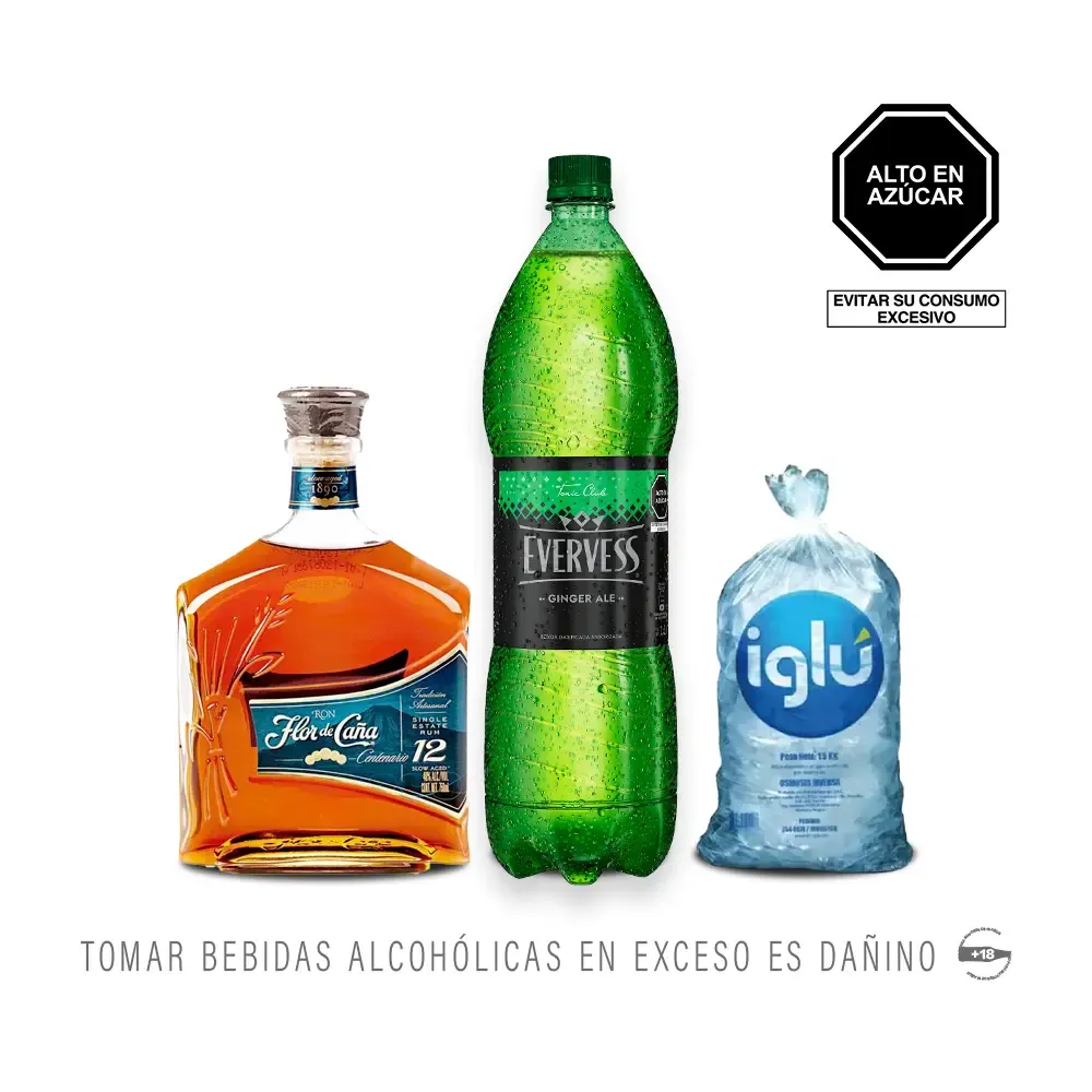 Pack (1 Ron Flor de Caña 12 Años 750 ml + 1 Bebida Evervess Carbonatada ...