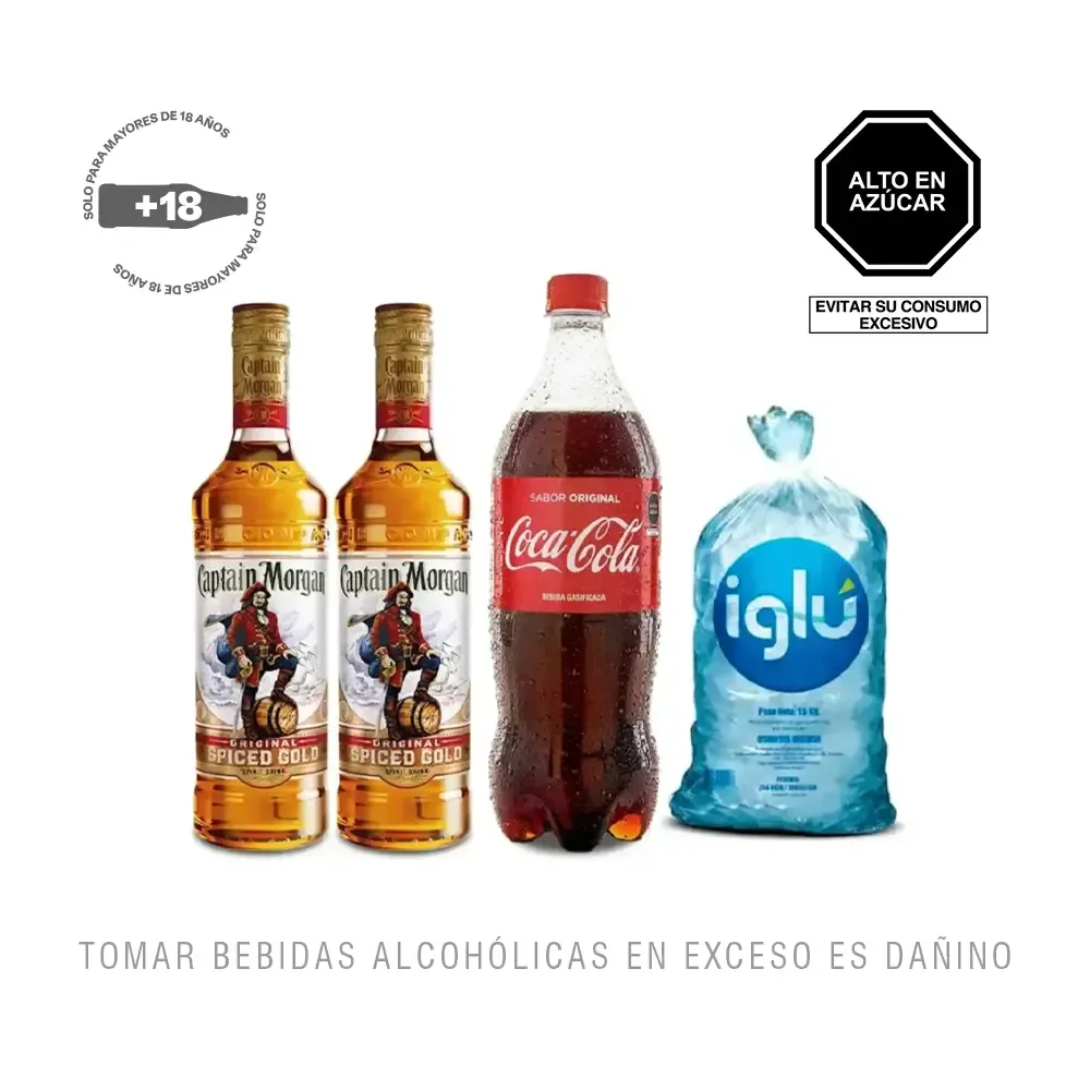 Pack (2 Ron Captain Morgan 700ml + 1 Coca Cola 1Lt + 1 Hielo 1.5Kg ...