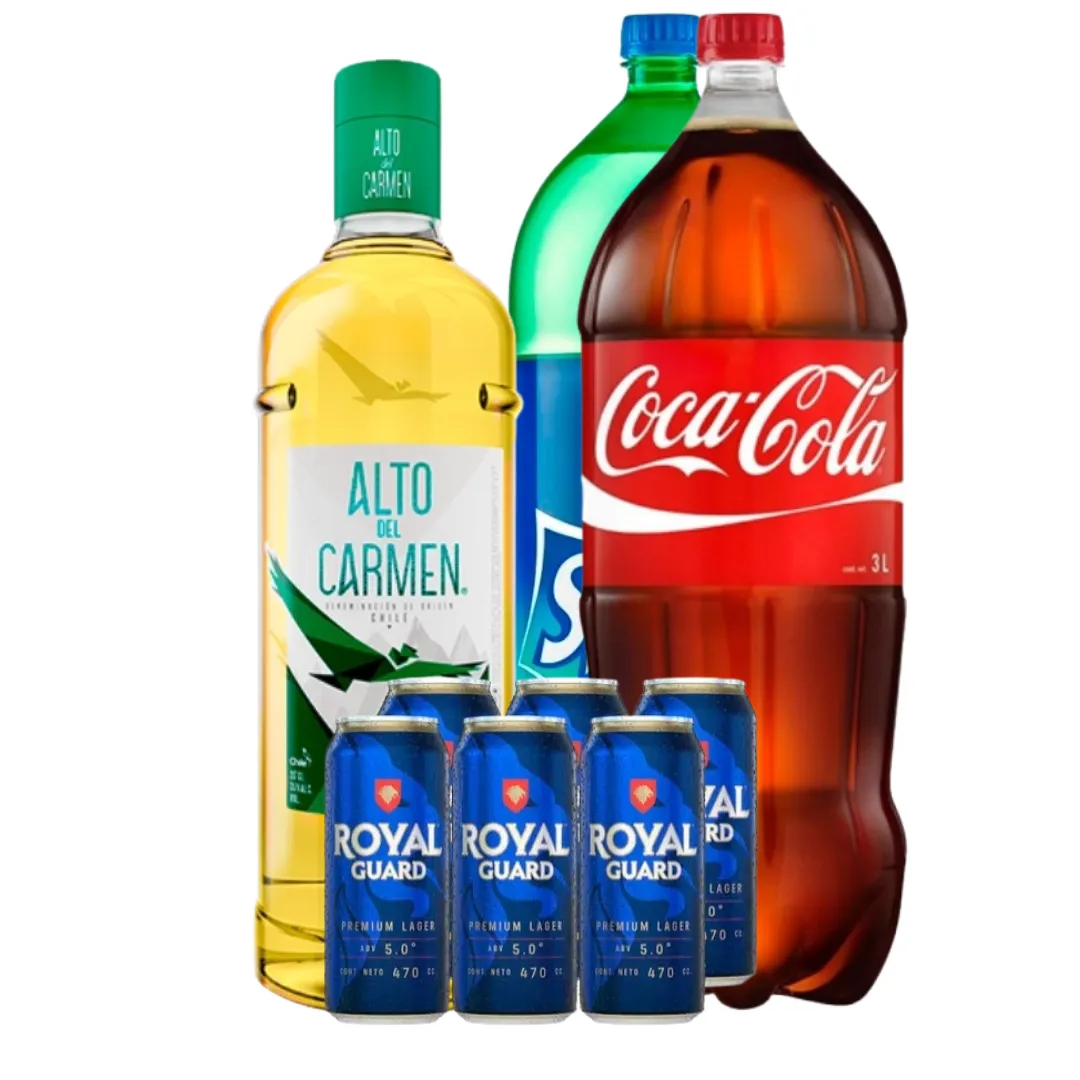 Pisco Alto del Carmen 1 Litro + Bebida 3 Litros + Six Pack Cerveza ...