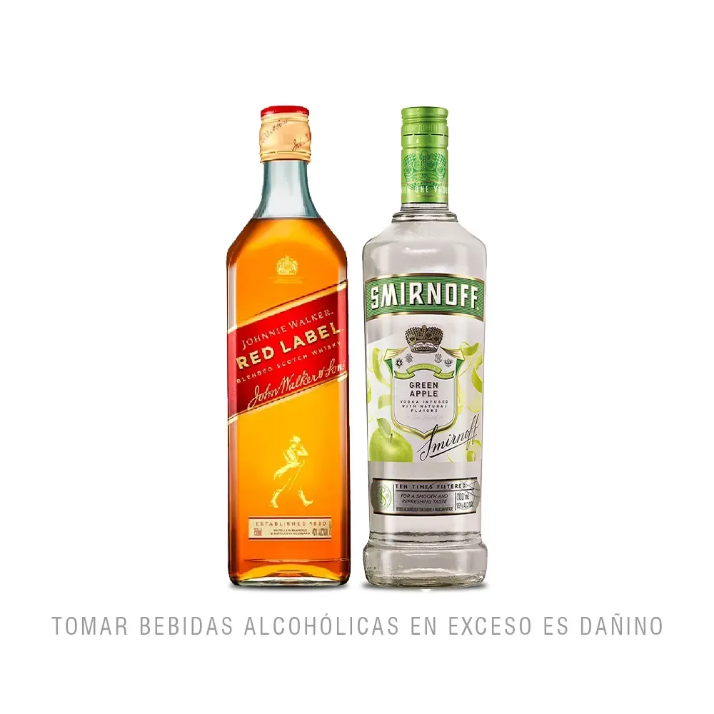 Pack (1 Whisky Johnnie Walker Red Label 750 ml + 1 Vodka Smirnoff green ...