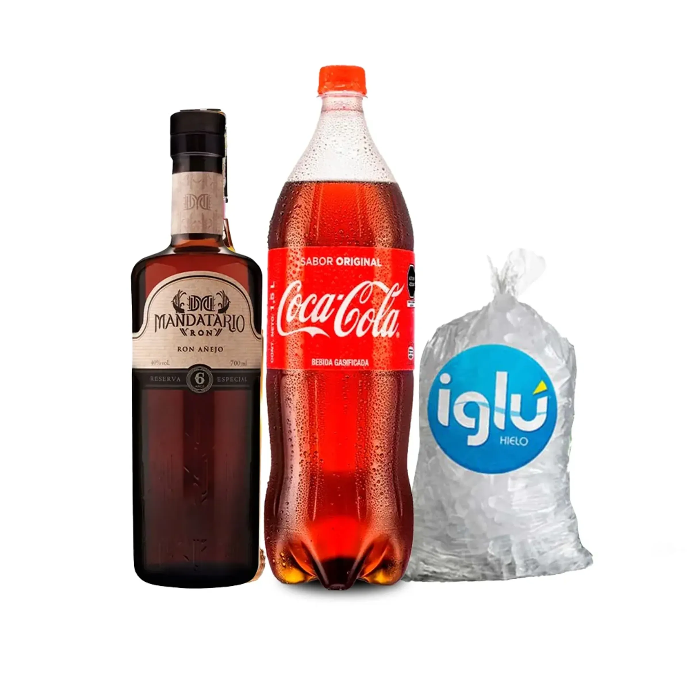 Pack (Ron Mandatario 6 Años 700 Ml + Coca Cola 1.5 Lt + Hielo 1.5 Kg ...