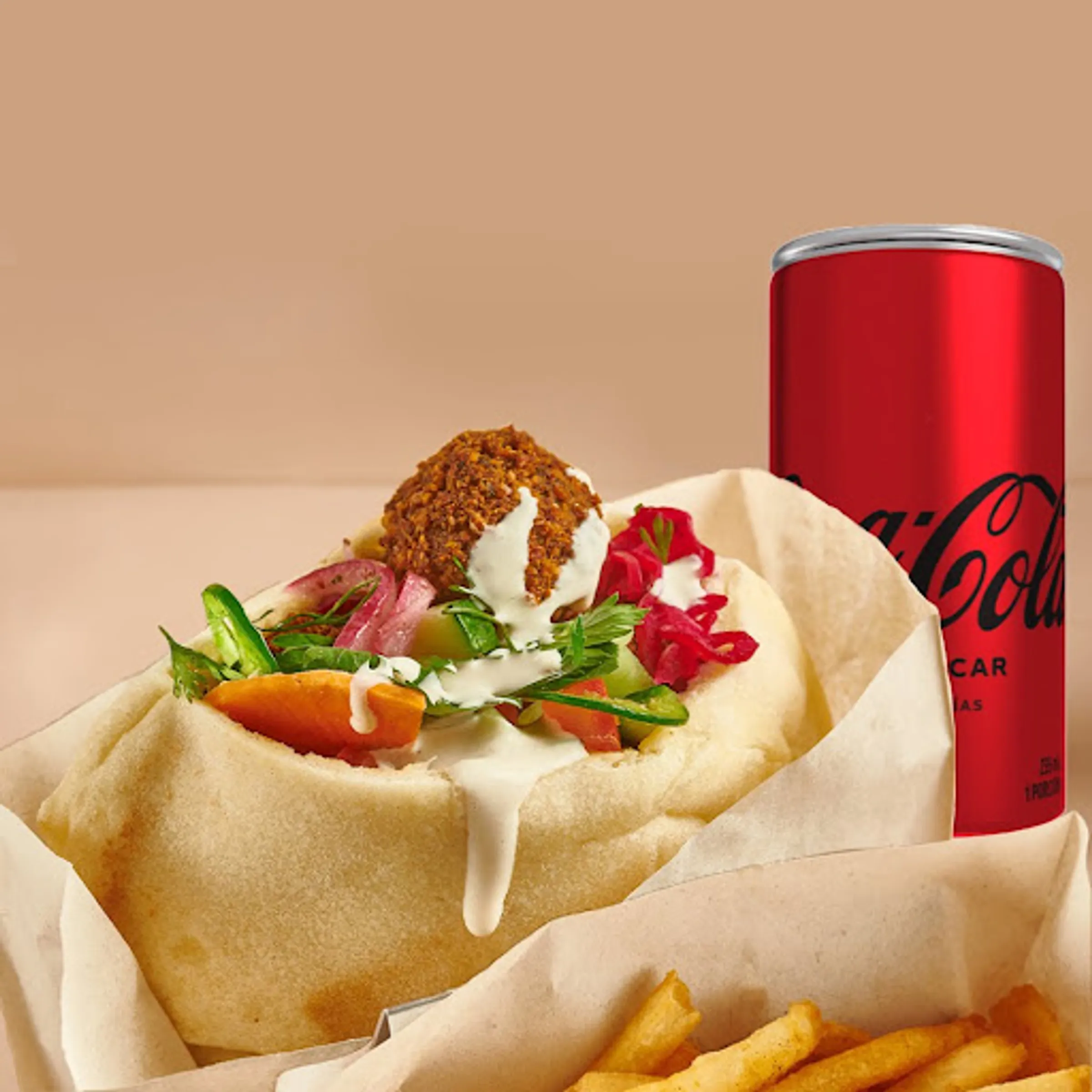 Pita Falafel + Papas + Coca Cola Zero - Nimi's Shawarma & Falafel ...