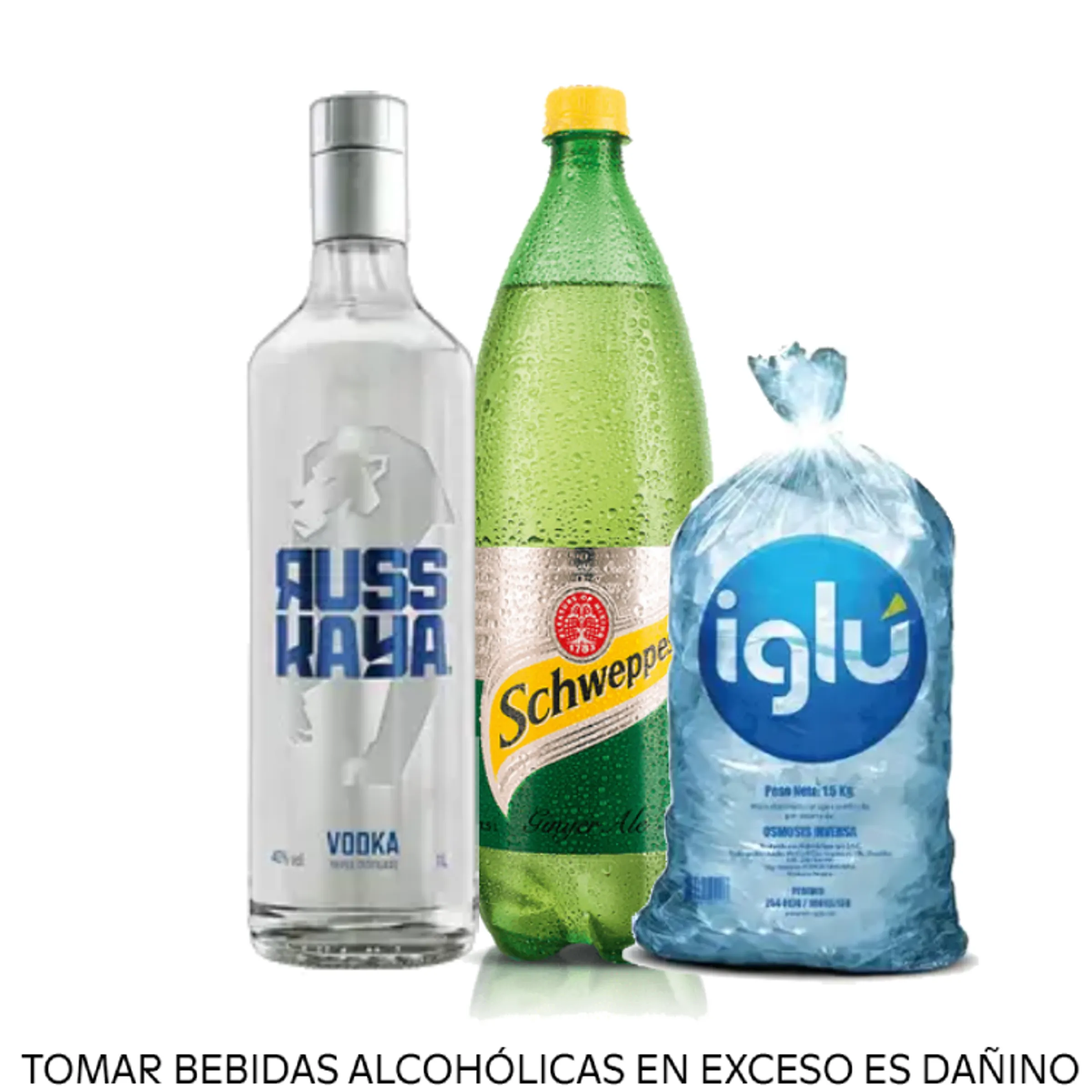 Pack (1 Schweppes Ginger Ale x 1.5 Lt + 1 Vodka Russkaya x 1 Lt + Hielo ...