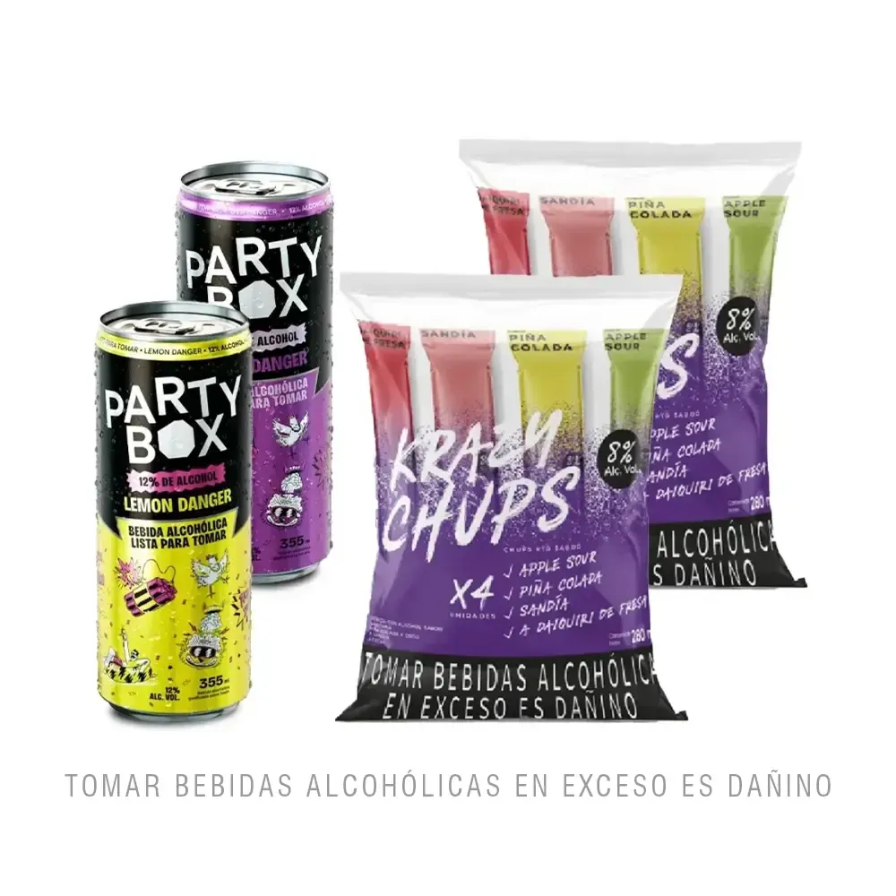 Pack Rtd Party Box (1 Uva Danger Lata x 355 Ml + 1 Lemon Danger Lata x 355 Ml) + 2 Krazy Chups 8 ...