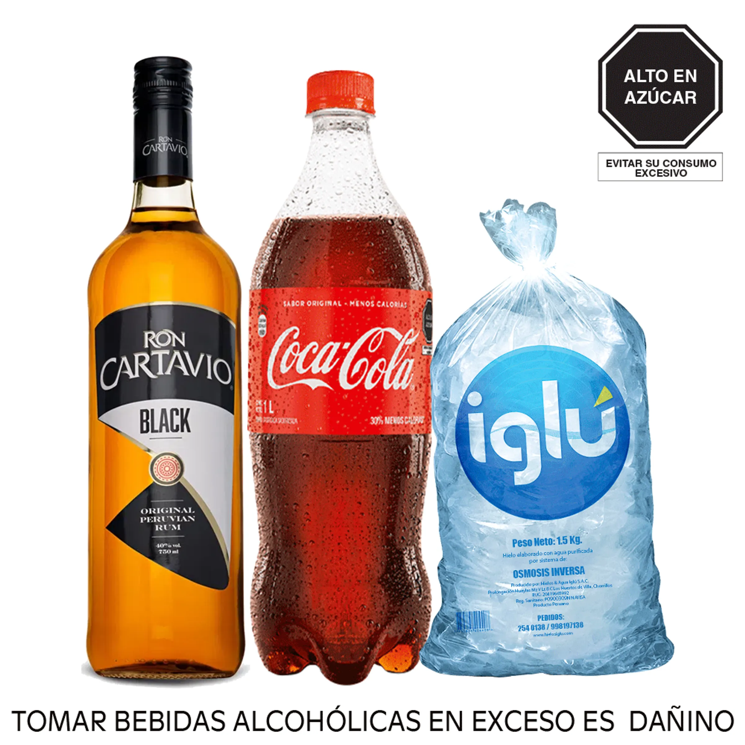Pack (1 Ron Cartavio Black x 750 Ml + 1 Coca Cola x 1 Lt + Hielo 1.5 Kg ...