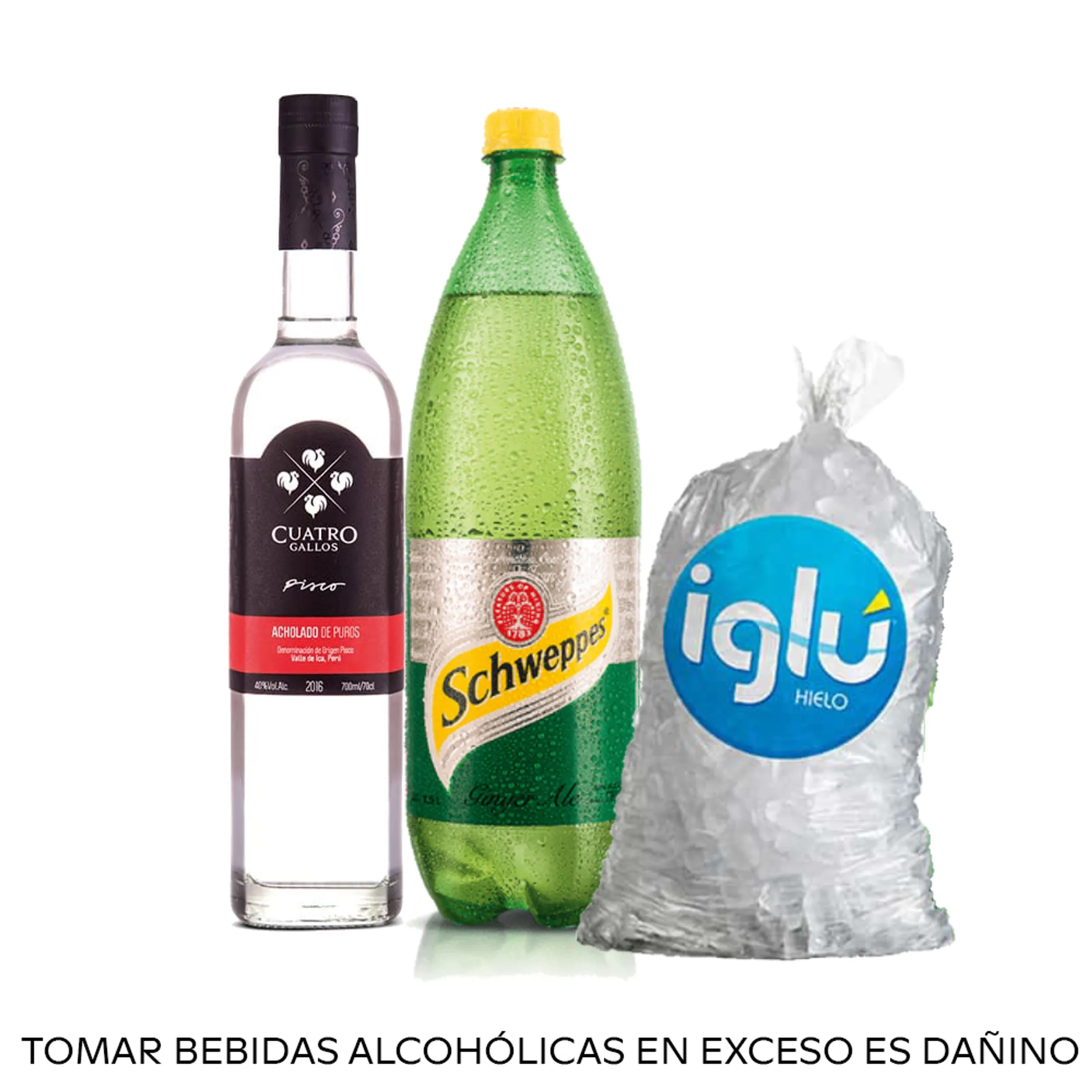 Pack (1 Pisco Acholado 4 Gallos x 700 Ml + 1 Schweppes Ginger Ale x 1.5 ...
