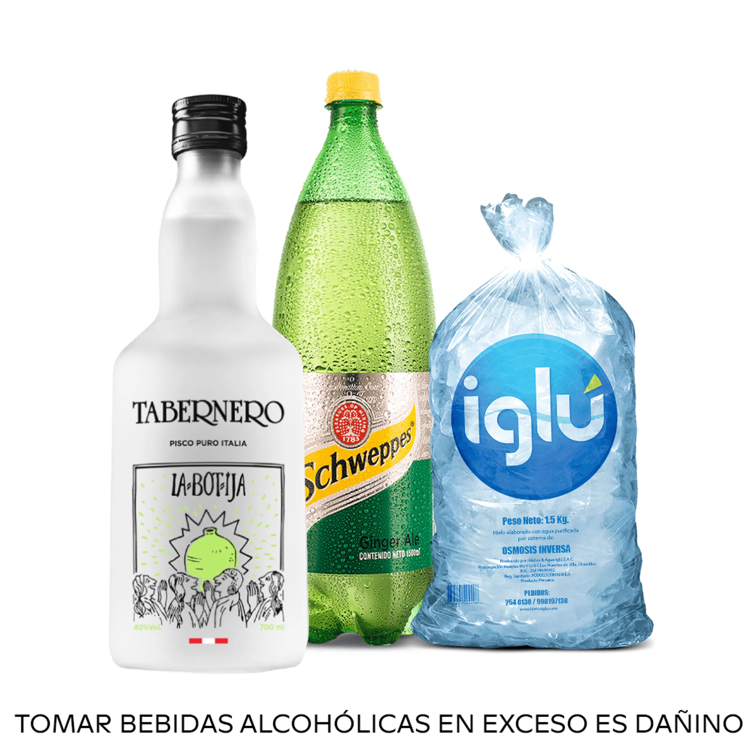 Pack (1 Pisco Italia Tabernero x 700 Ml + 1 Schweppes Ginger Ale x 1.5 Lt + 1 Hielo 1.5 Kg ...