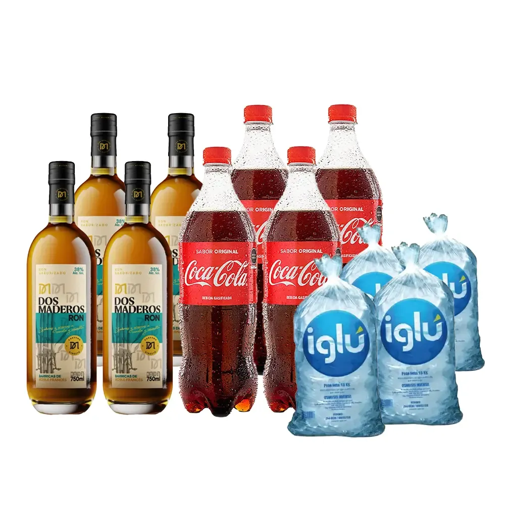 Pack (4 Ron Dos Maderos 750 ml + 4 Coca Cola 1Lt + 4 Hielo) - Tambo ...