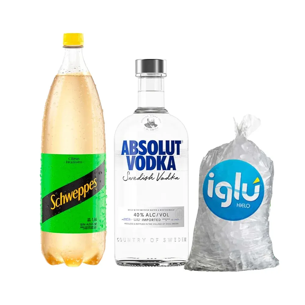 Pack (1 Schweppes Citrus 1.5 Lt + 1 Vodka Absolut 700 Ml + Hielo 1.5 Kg ...