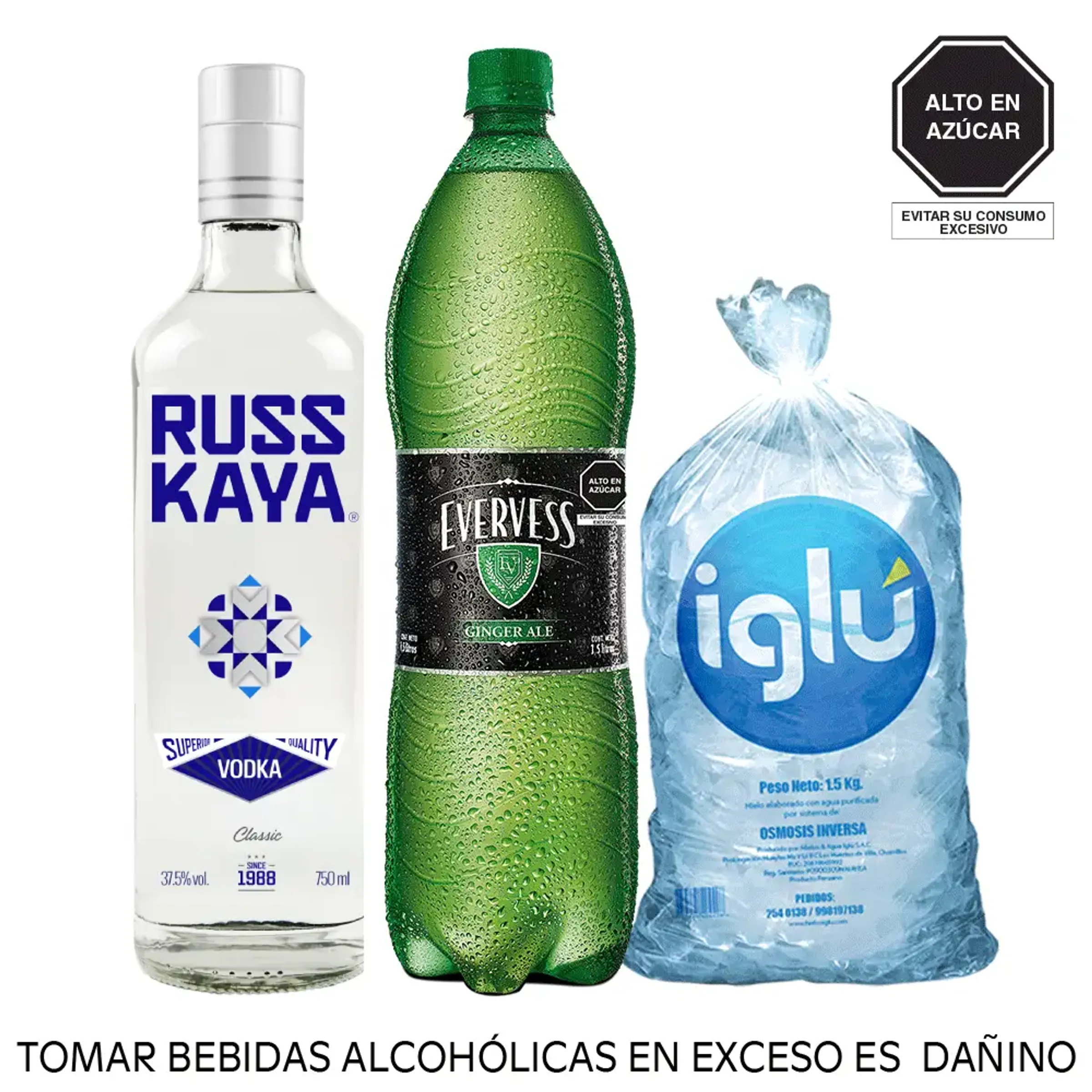 Pack (1 Vodka Russkaya x 750 Ml + 1 Evervess x 1.5 Lt + Hielo 1.5 Kg ...
