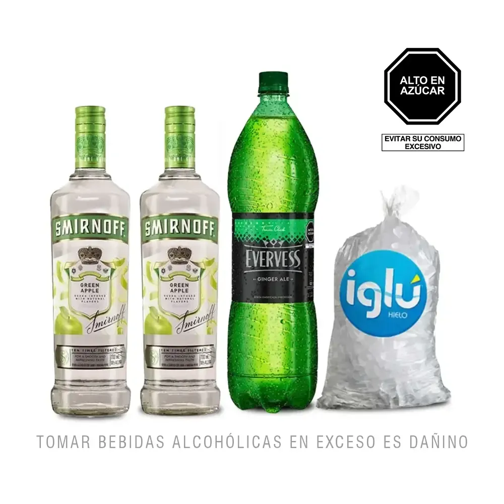 Pack (2 Vodka Smirnoff Green Apple 0.7L + 1 Evervess 1.5Lt + 1 Hielo ...